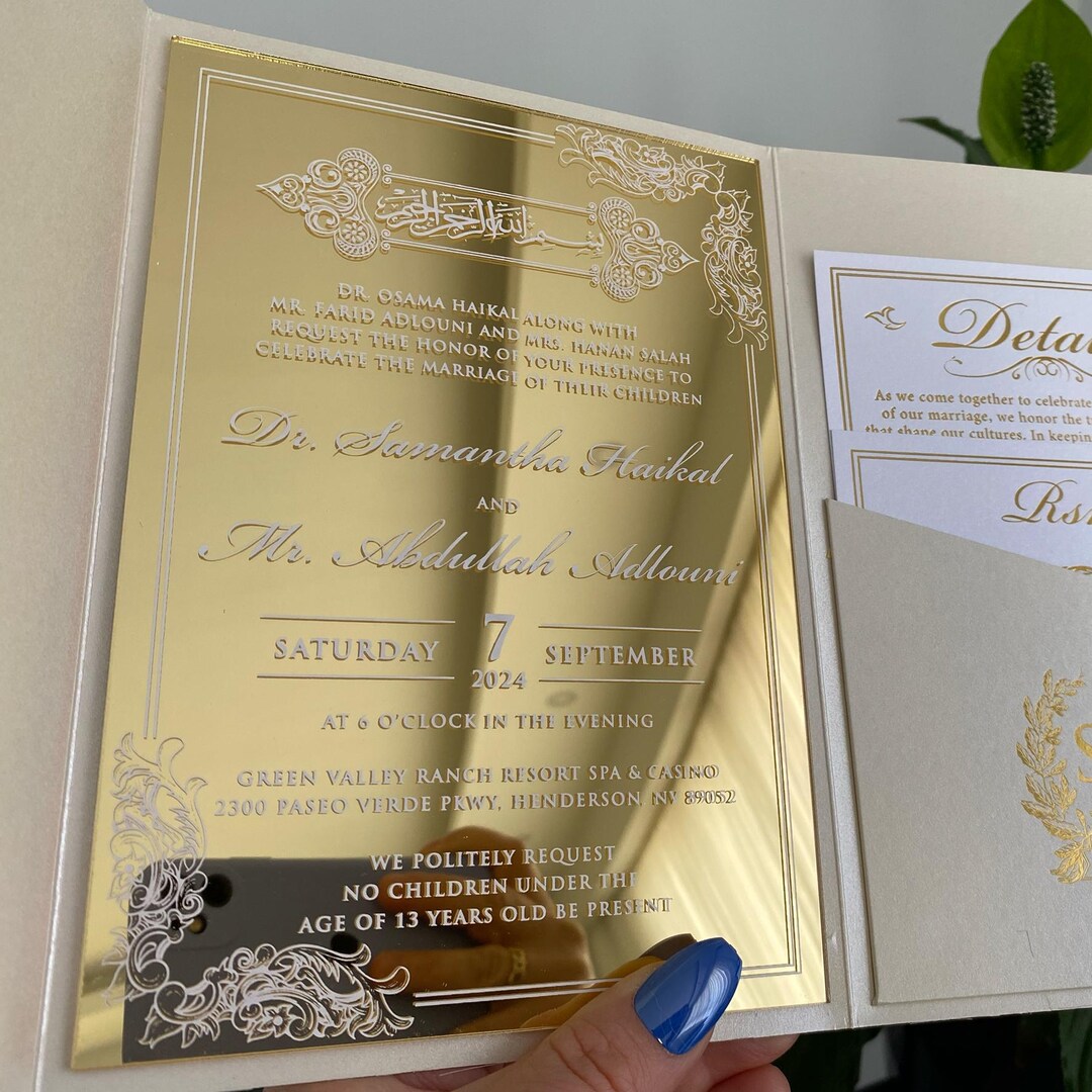 Gold Mirror Wedding Invitation, Ivory Pearl Pocket Envelope, Gold Foil ...