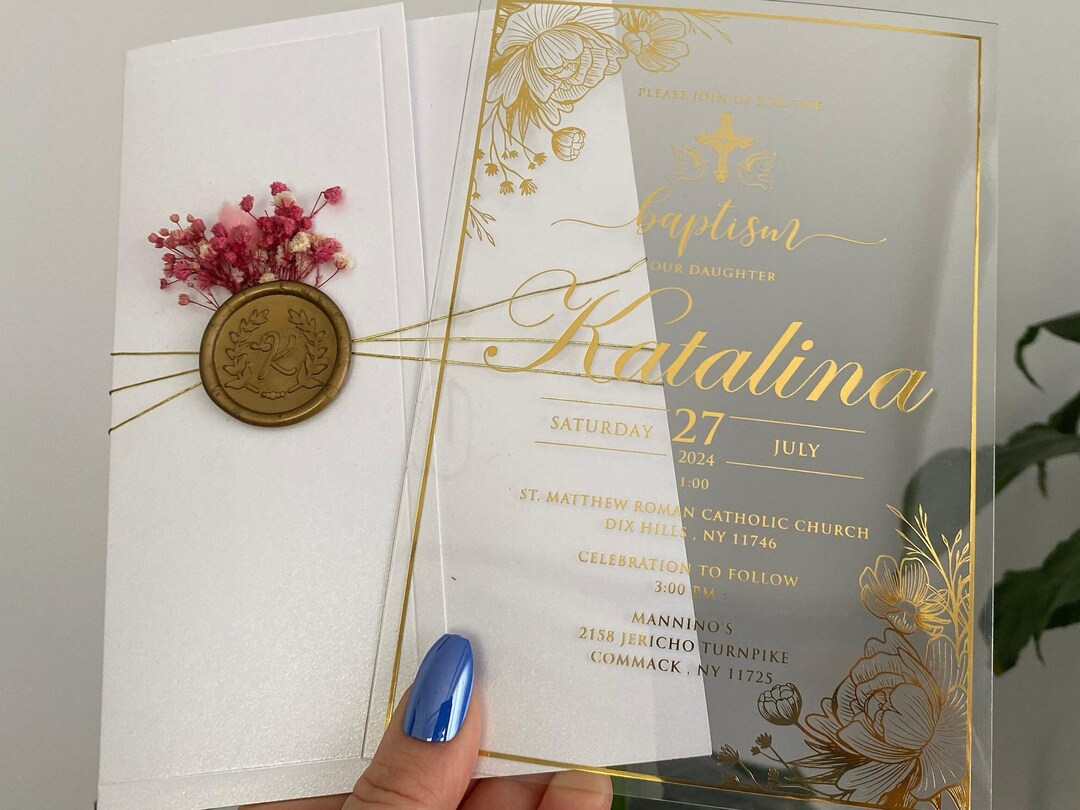 Acrylic Baptism Invitation: Gold Foil, Wax Seal & Dried Flowers - Etsy