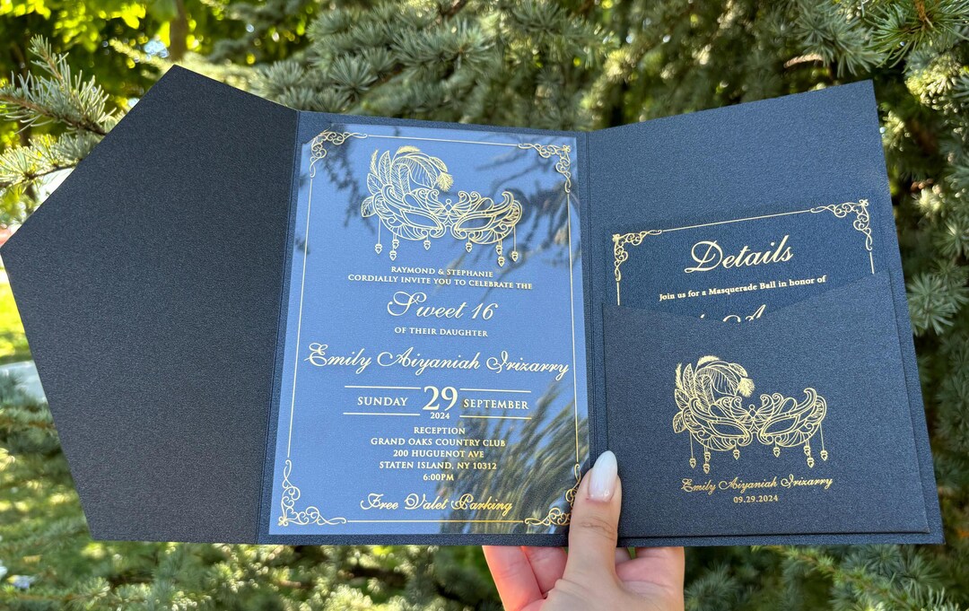 Acrylic Masquerade Invitation, Quinceañera, Gold Foil, Black Pearl ...