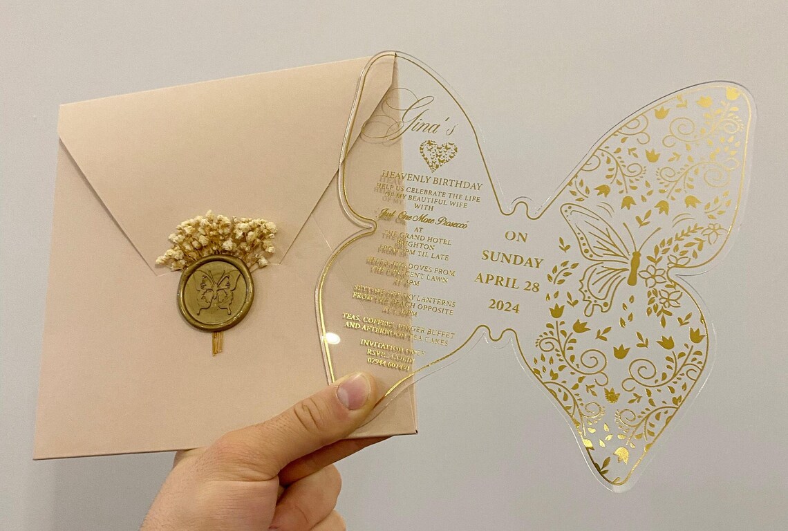 Gold Foil Butterfly Plexiglass Invitation, Powder Envelope, Wax Seal - Etsy
