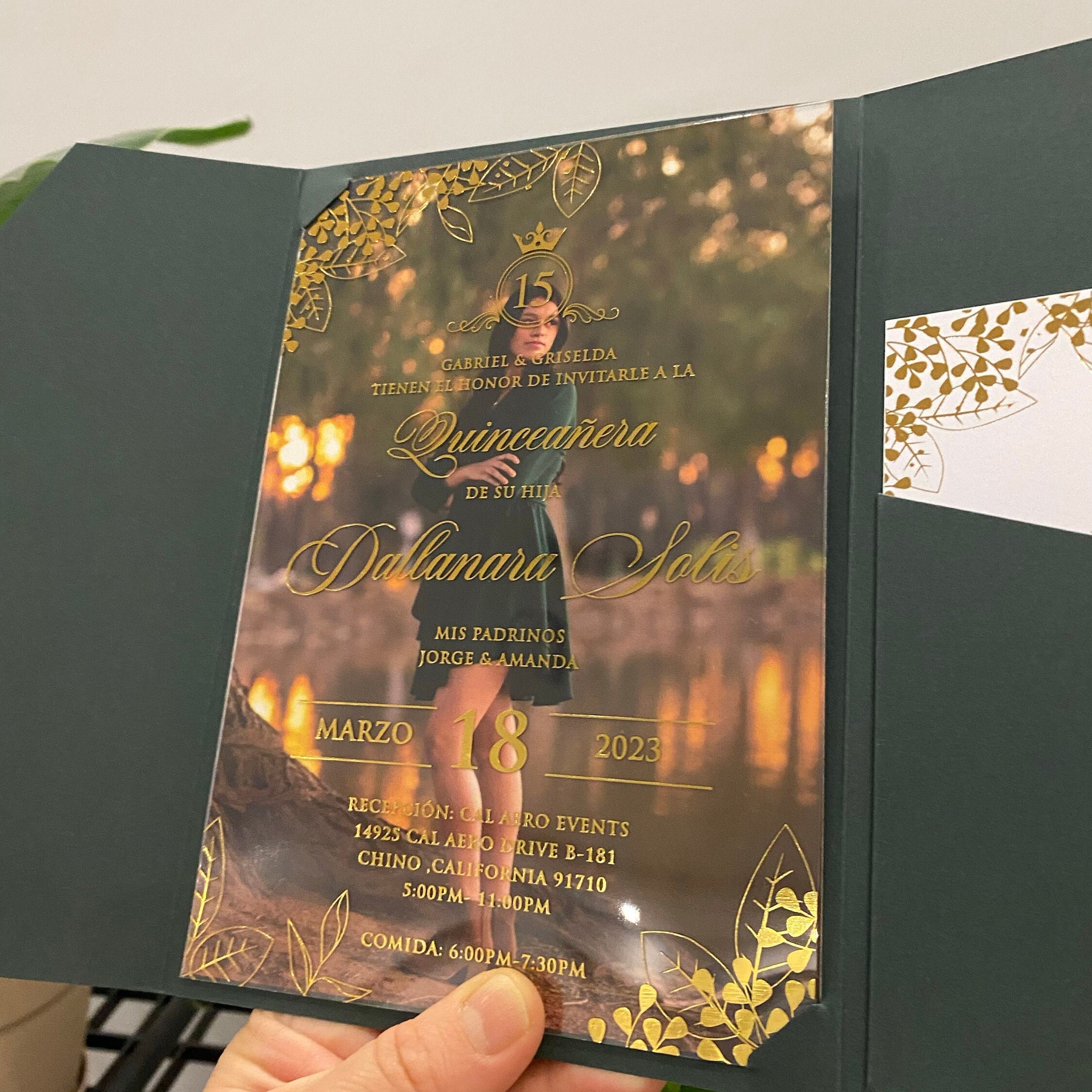 Acrylic Quinceañera Invitation With Photo: Hunter Green Pocket Envelope ...