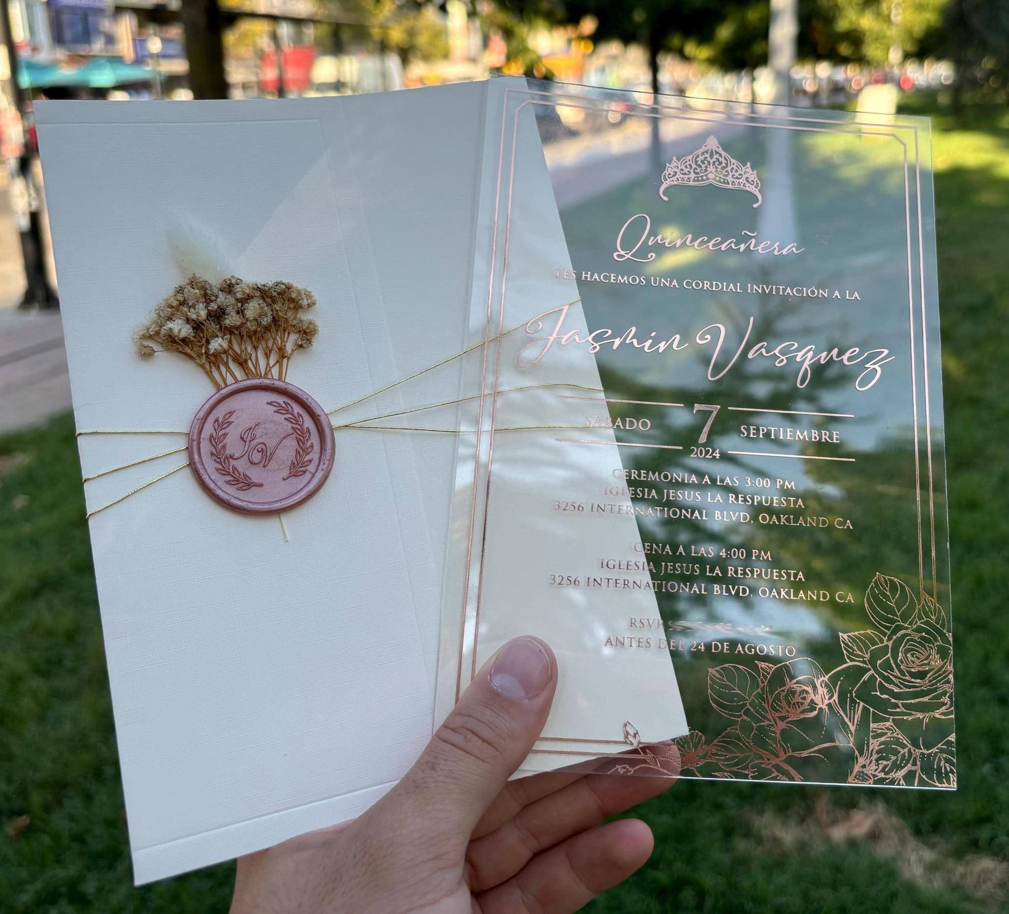 Rose Gold Foil Acrylic Quinceañera Invitation: Ivory Half Envelope ...
