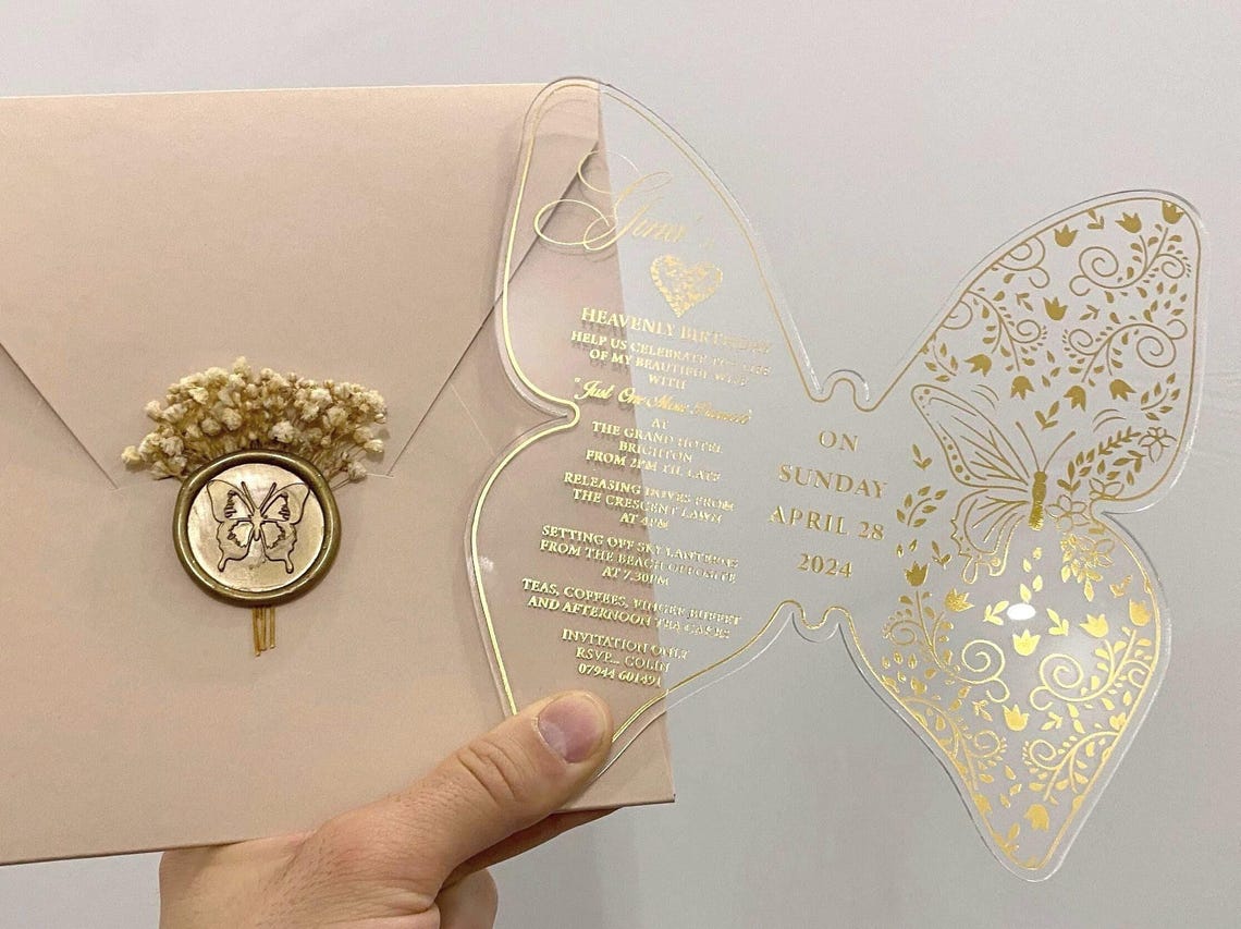 Gold Foil Butterfly Plexiglass Invitation, Powder Envelope, Wax Seal - Etsy