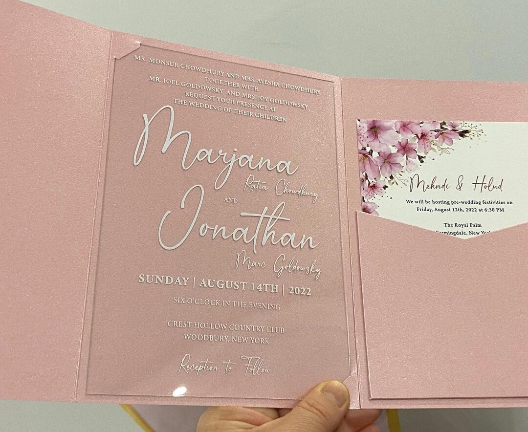 Acrylic Wedding Invitation: Rose Pearl Envelope, Floral Detail, Gold ...