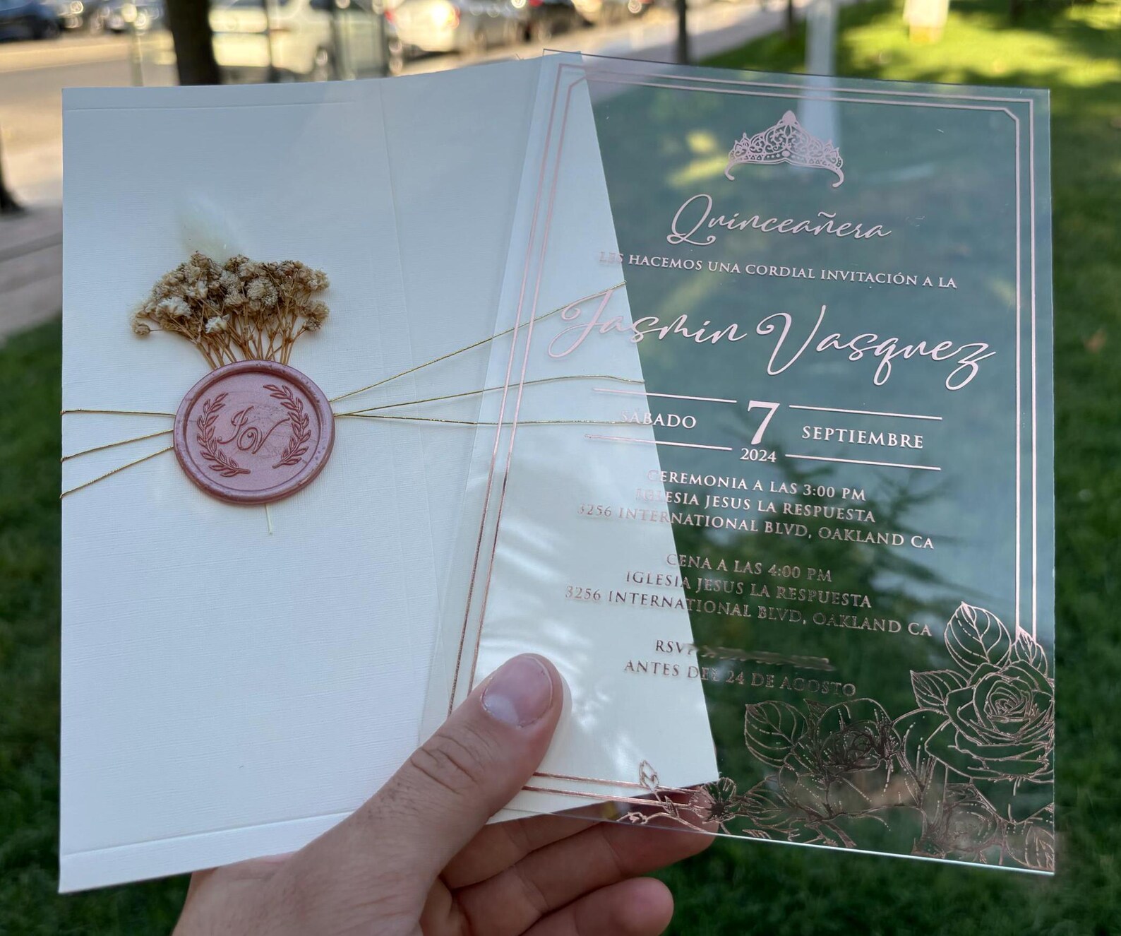 Rose Gold Foil Acrylic Quinceañera Invitation: Ivory Half Envelope ...