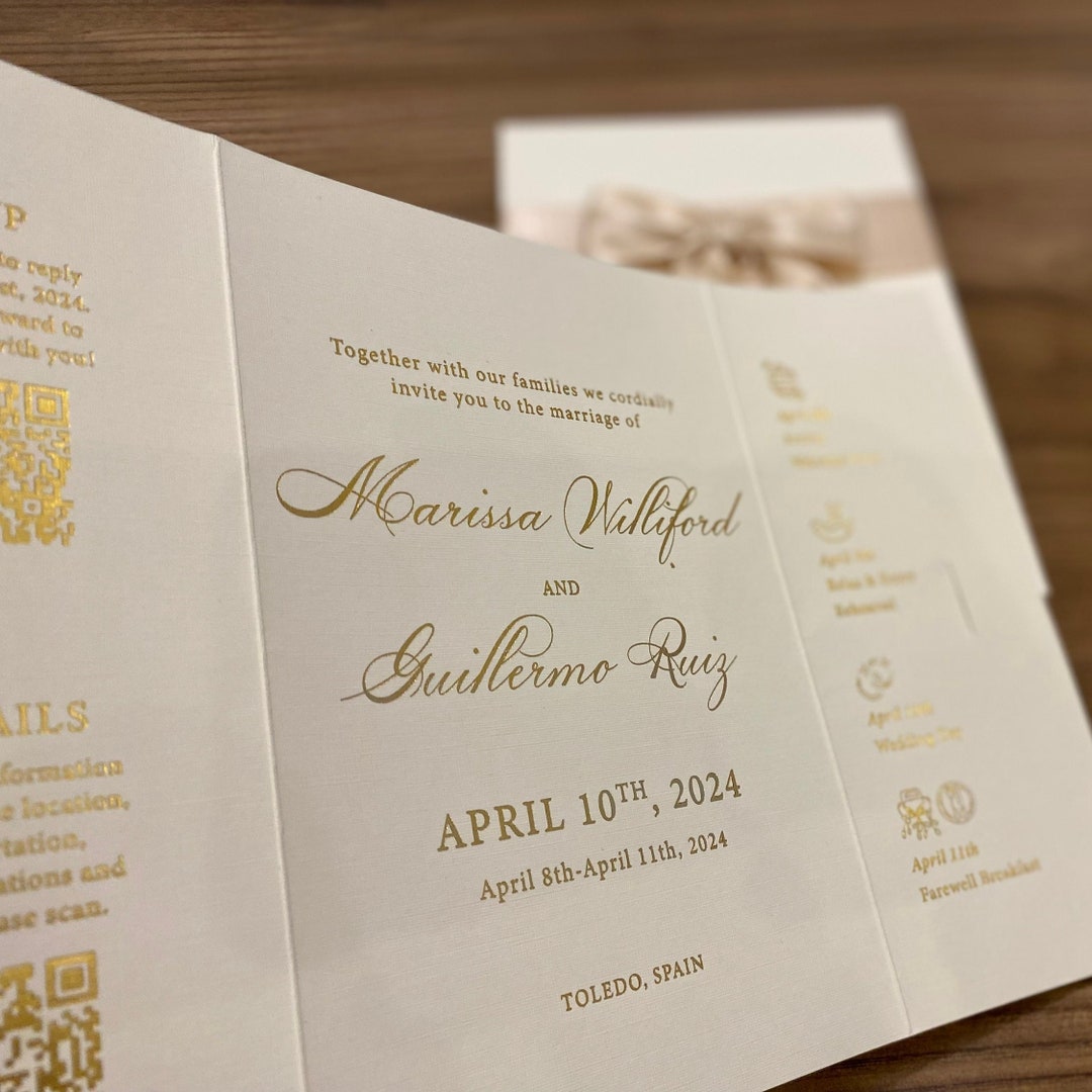 Ivory Folded Wedding Invitation With Gold Foil Print. Parchment Shirt ...
