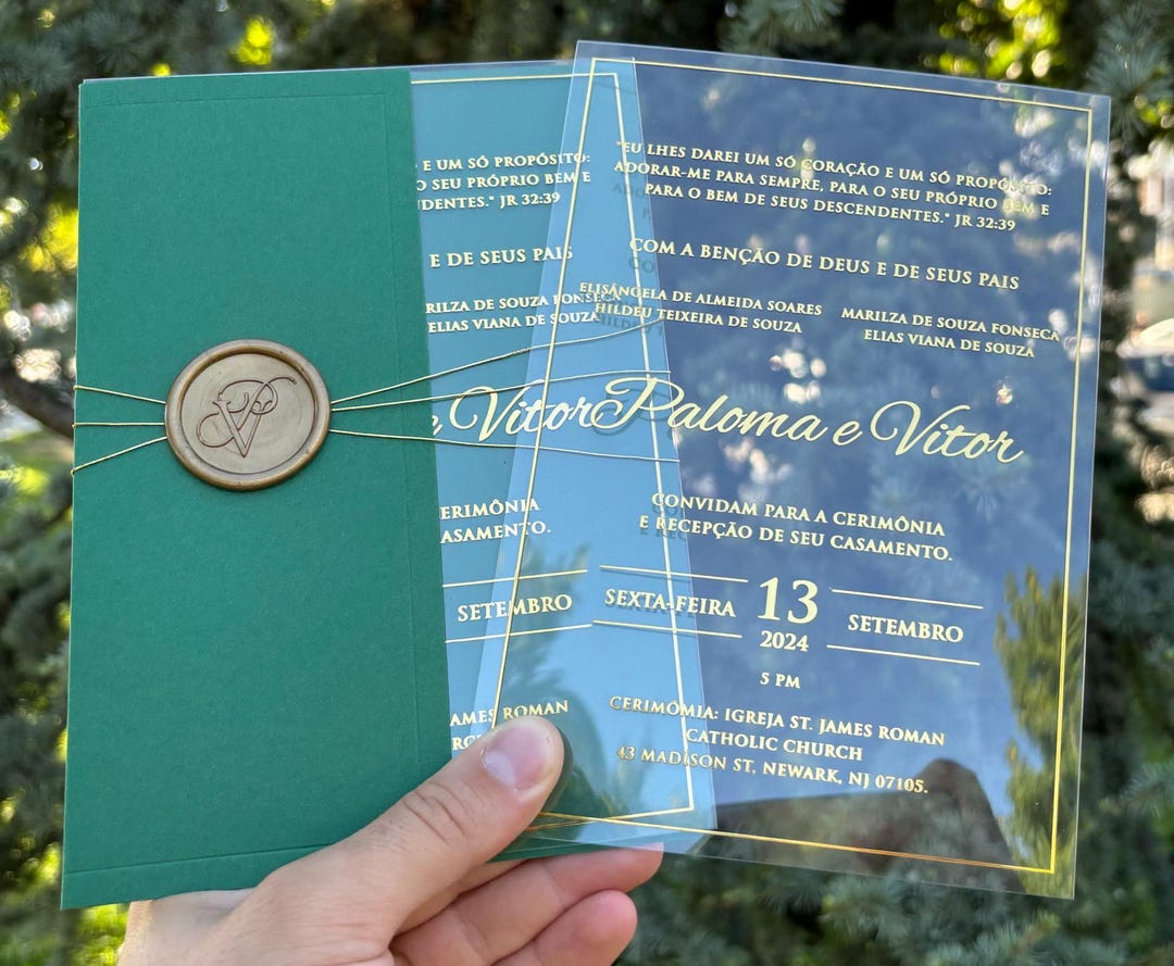 Clear Acrylic Wedding Invitation, Gold Foil, Emerald Green Envelope ...