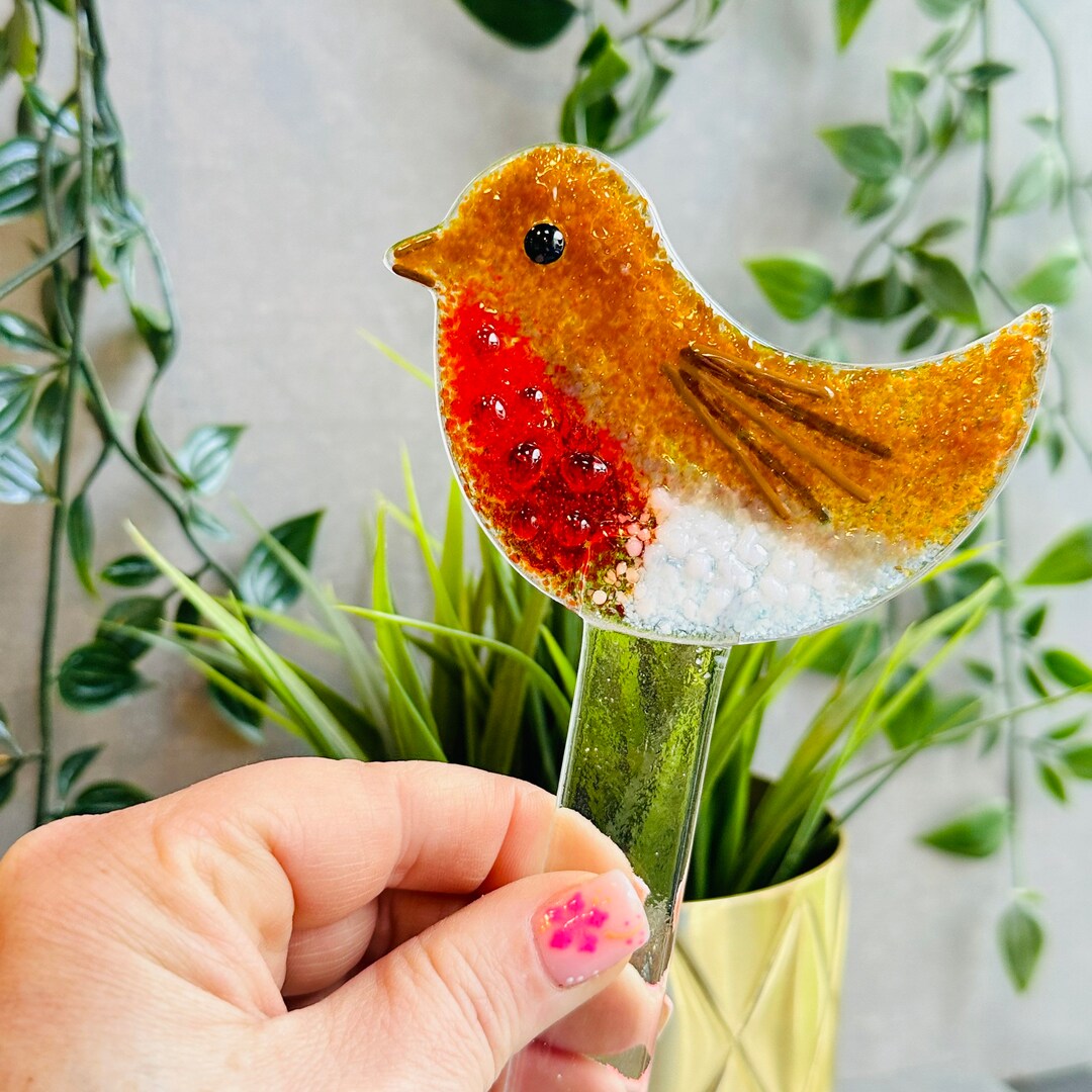 Robin Glass Garden Decoration, Bird Plant Stake, Pot Decoration, Gift ...