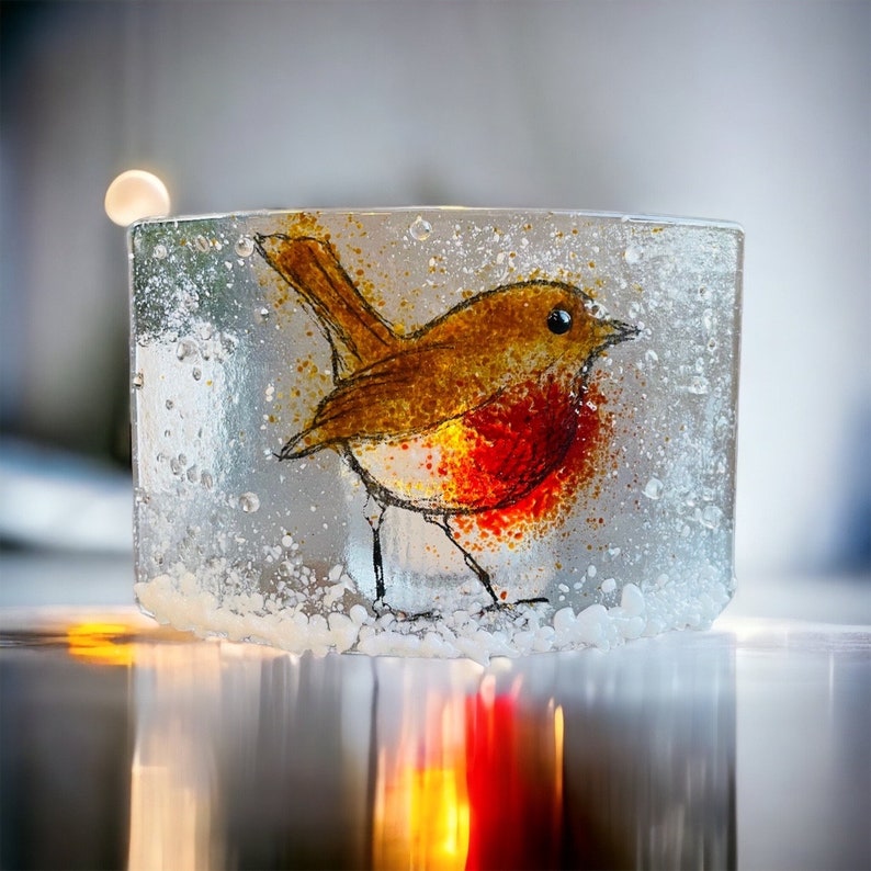 Fused Glass Christmas Robin Decor: Handmade Snowy Curve - Etsy