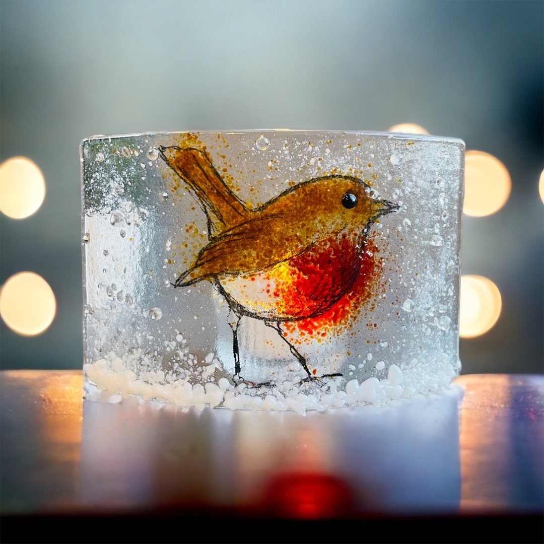 Fused Glass Christmas Robin Decor: Handmade Snowy Curve - Etsy