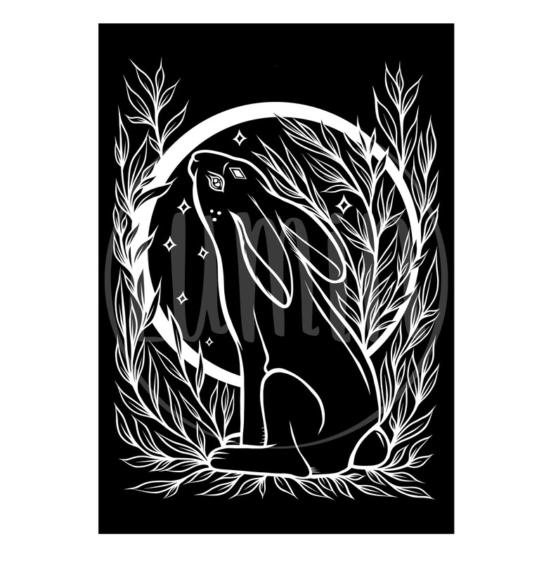 Moon Gazing Hare Rabbit in Foliage Stars Black and White Art - Etsy