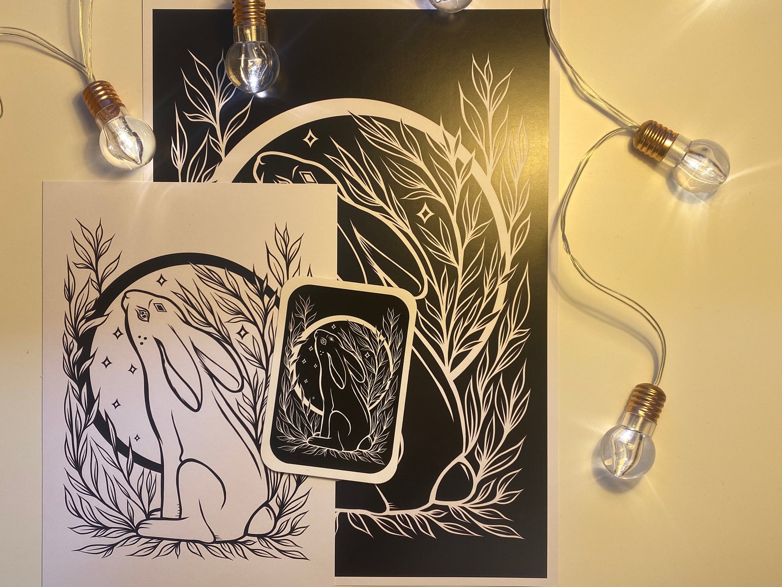 Moon Gazing Hare Rabbit in Foliage Stars Black and White Art - Etsy