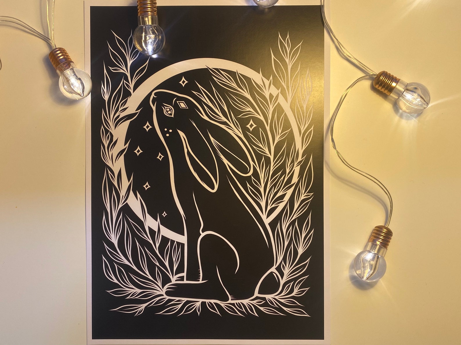 Moon Gazing Hare Rabbit in Foliage Stars Black and White Art - Etsy