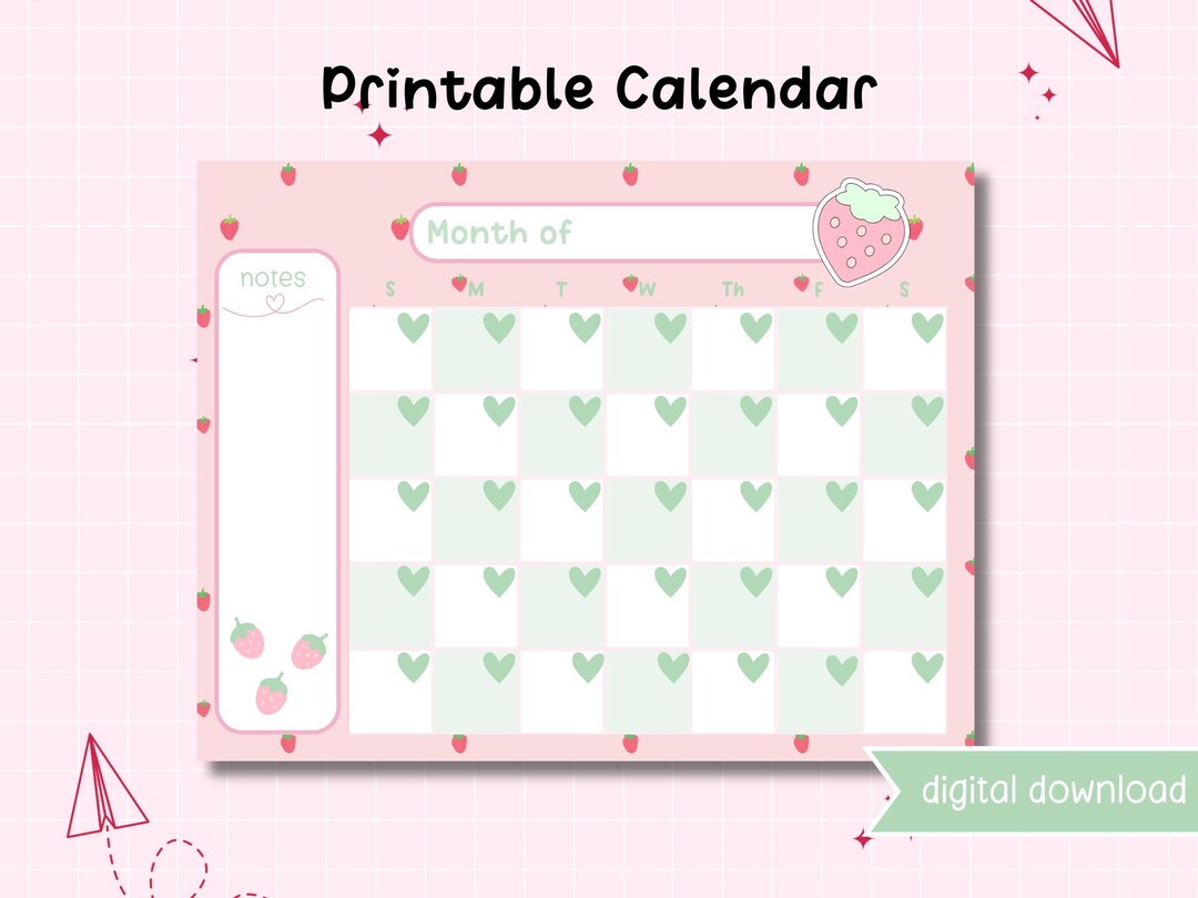 Printable Cute Strawberry Calendar Undated Blank Calendar Kawaii Pastel ...