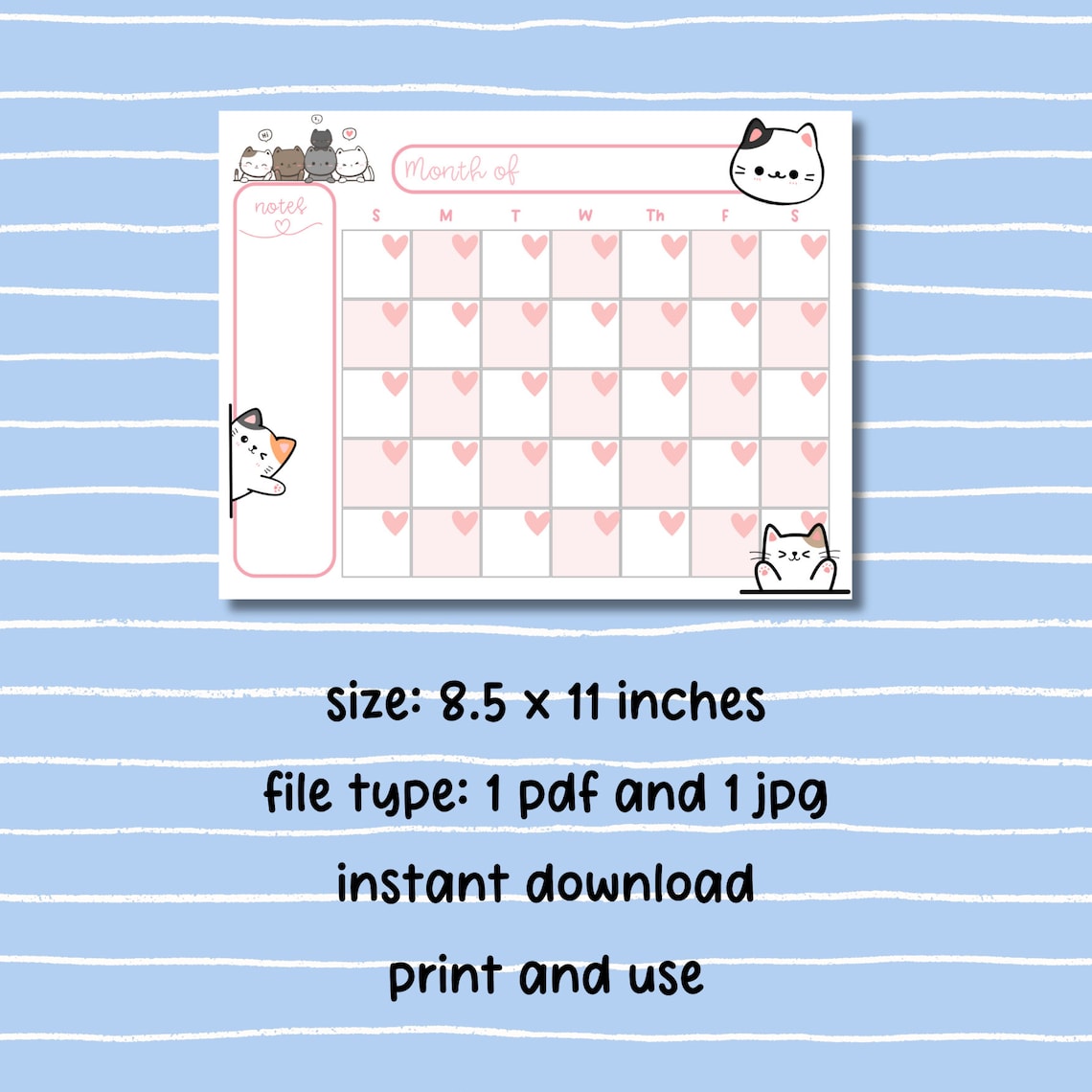 Printable Cute Cat Calendar - Undated Blank Calendar - Kawaii Pastel ...