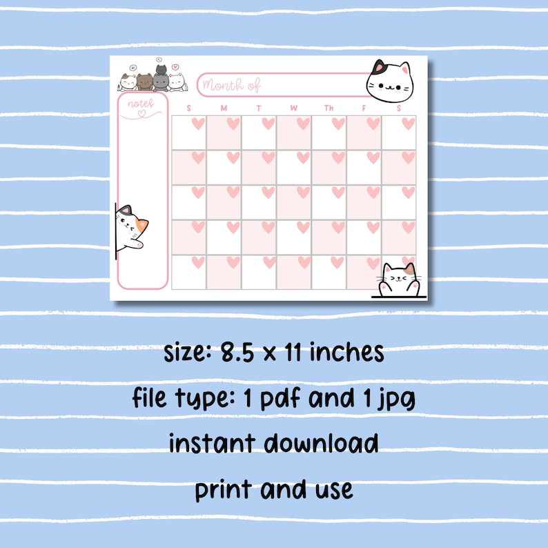 Printable Cute Cat Calendar - Undated Blank Calendar - Kawaii Pastel ...