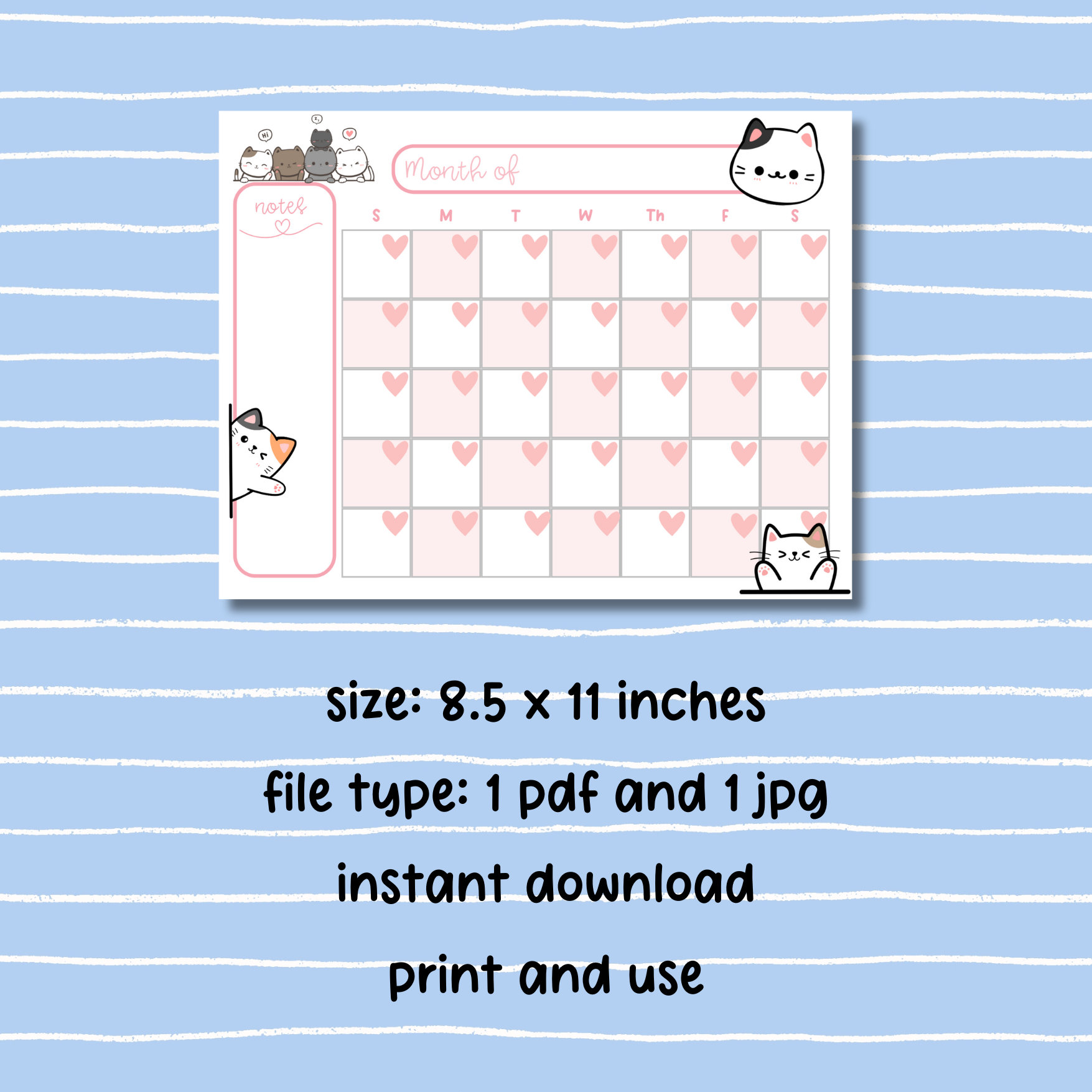 Printable Cute Cat Calendar - Undated Blank Calendar - Kawaii Pastel ...