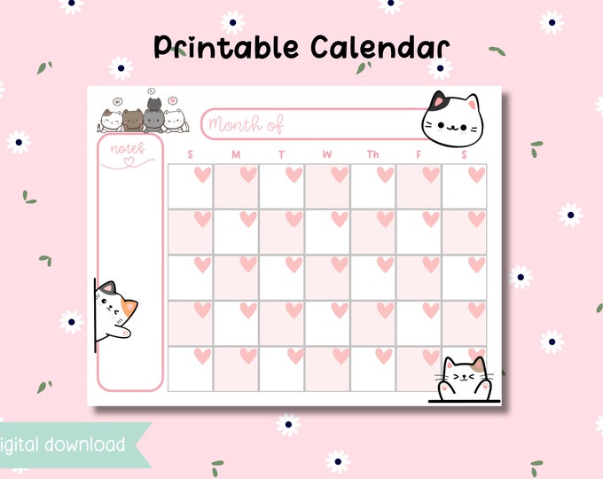 Printable Cute Cat Calendar Undated Blank Calendar Kawaii Pastel ...