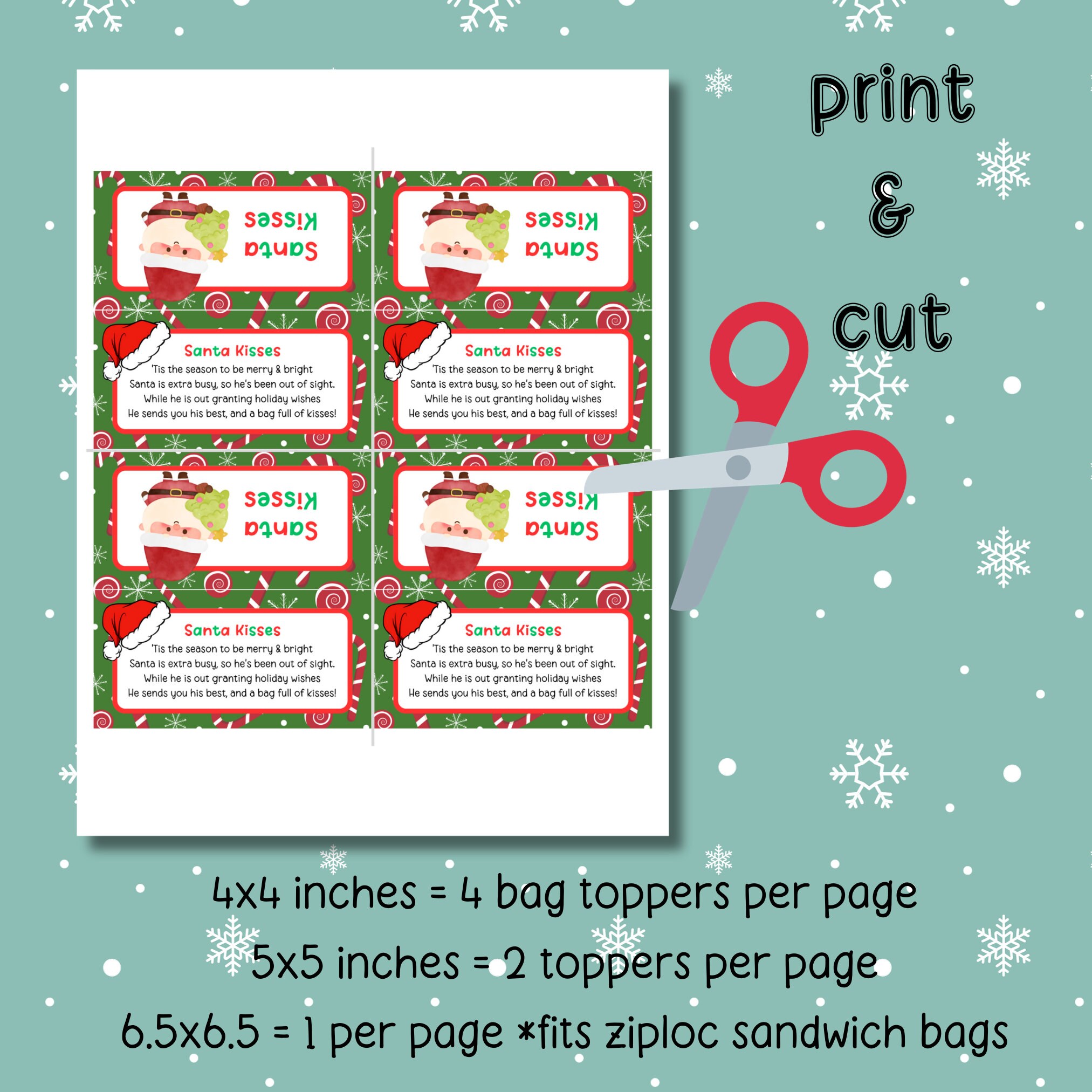 Santa Kisses Printable Treat Bag Topper - Christmas Candy Bag Topper ...