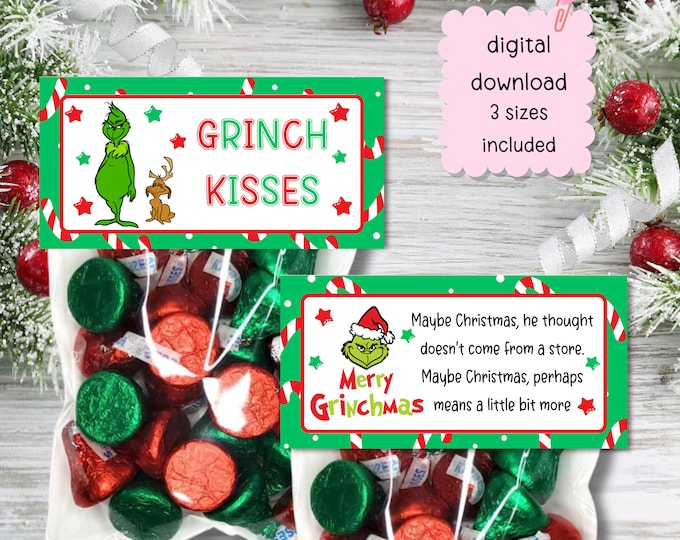 Grinch Kisses Printable Treat Bag Topper - Christmas Candy Bag Topper ...