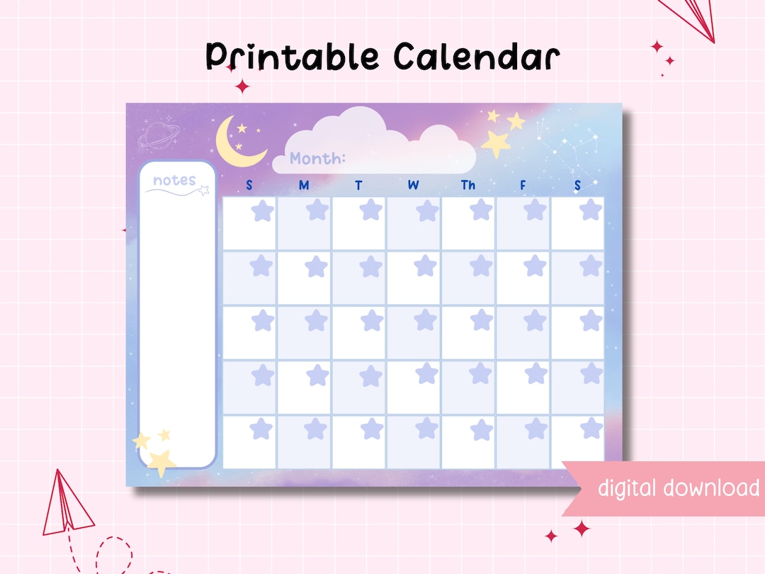 Printable Cute Star Calendar - Undated Blank Aesthetic Calendar ...