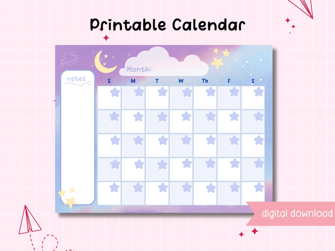 Printable Cute Star Calendar Undated Blank Aesthetic - Etsy