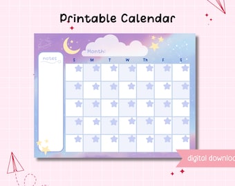 Printable Cute Cat Calendar Undated Blank Calendar Kawaii Pastel ...