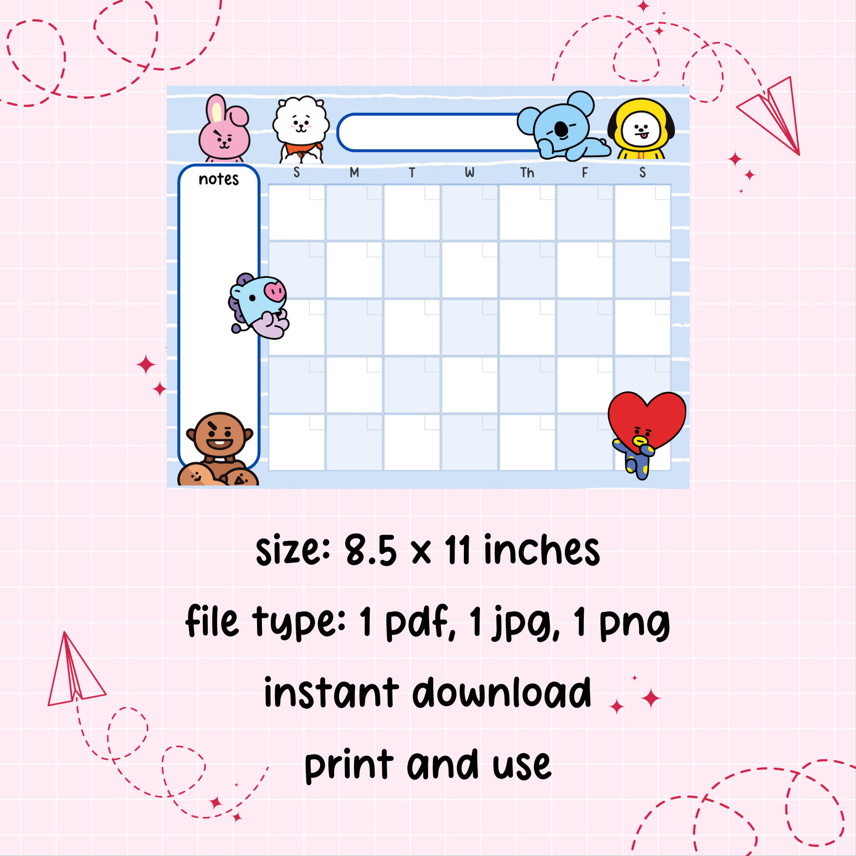 Printable Cute BT21 Calendar Undated Blank Aesthetic Monthly Calendar ...