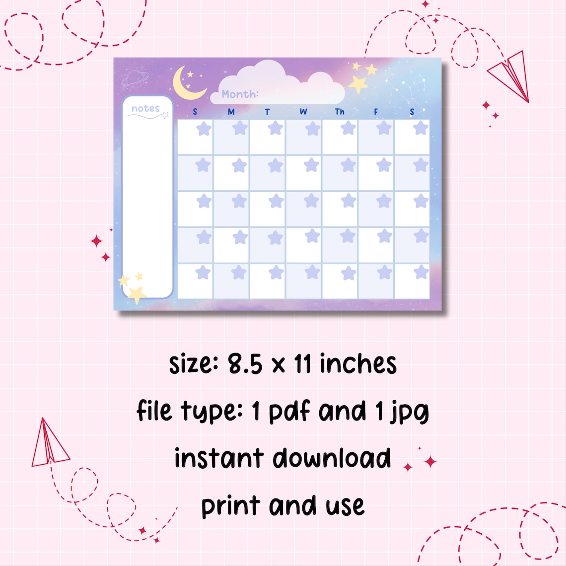 Printable Cute Star Calendar Undated Blank Aesthetic - Etsy