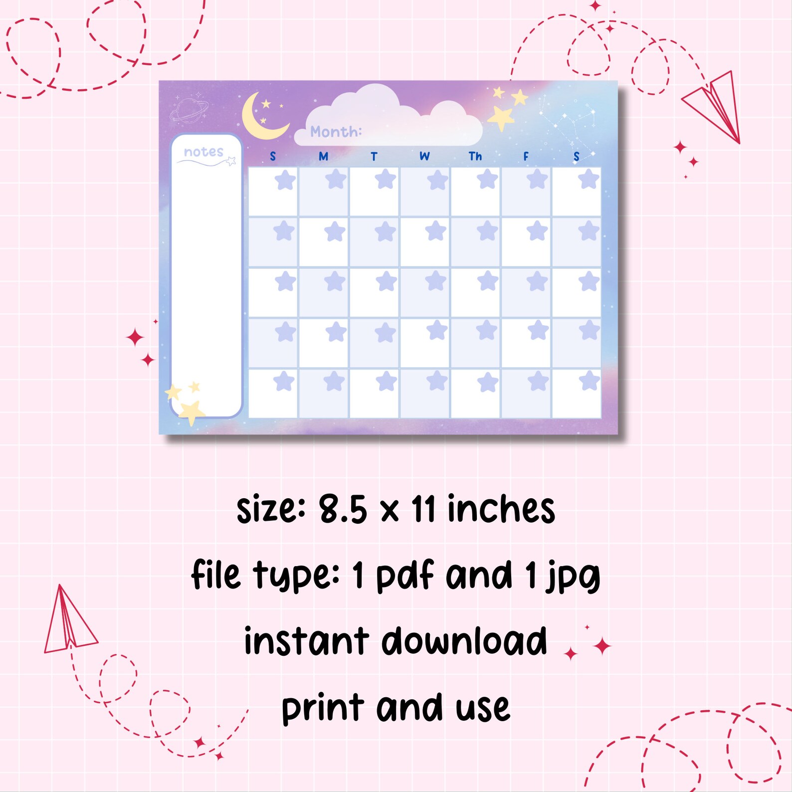 Printable Cute Star Calendar Undated Blank Aesthetic - Etsy