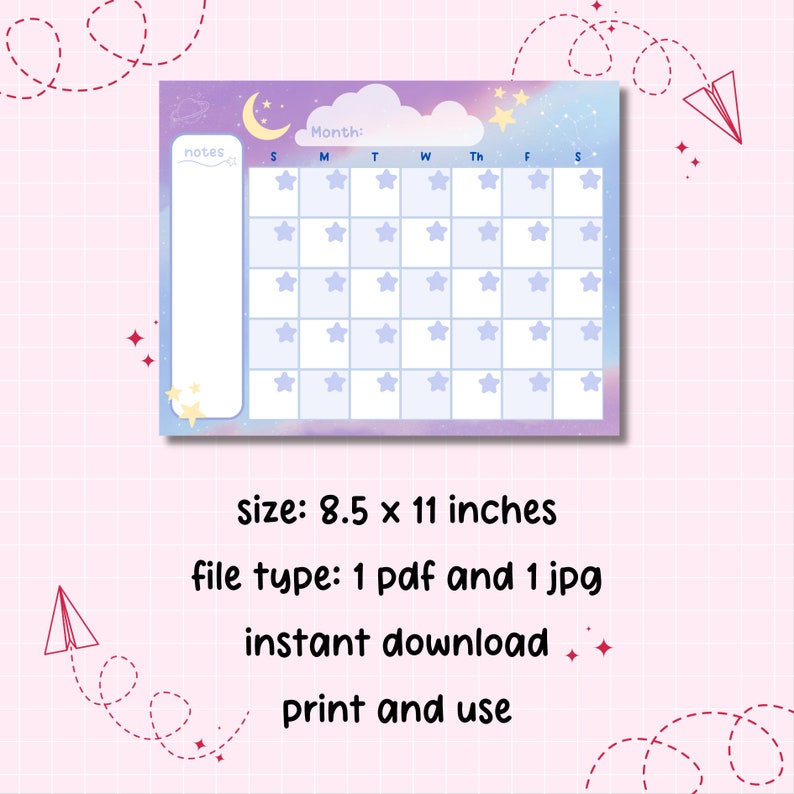 Printable Cute Star Calendar Undated Blank Aesthetic - Etsy