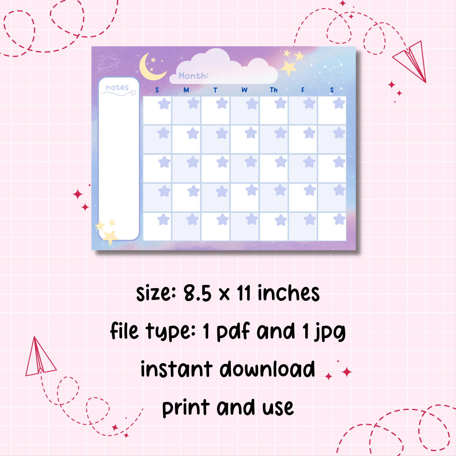 Printable Cute Star Calendar Undated Blank Aesthetic - Etsy