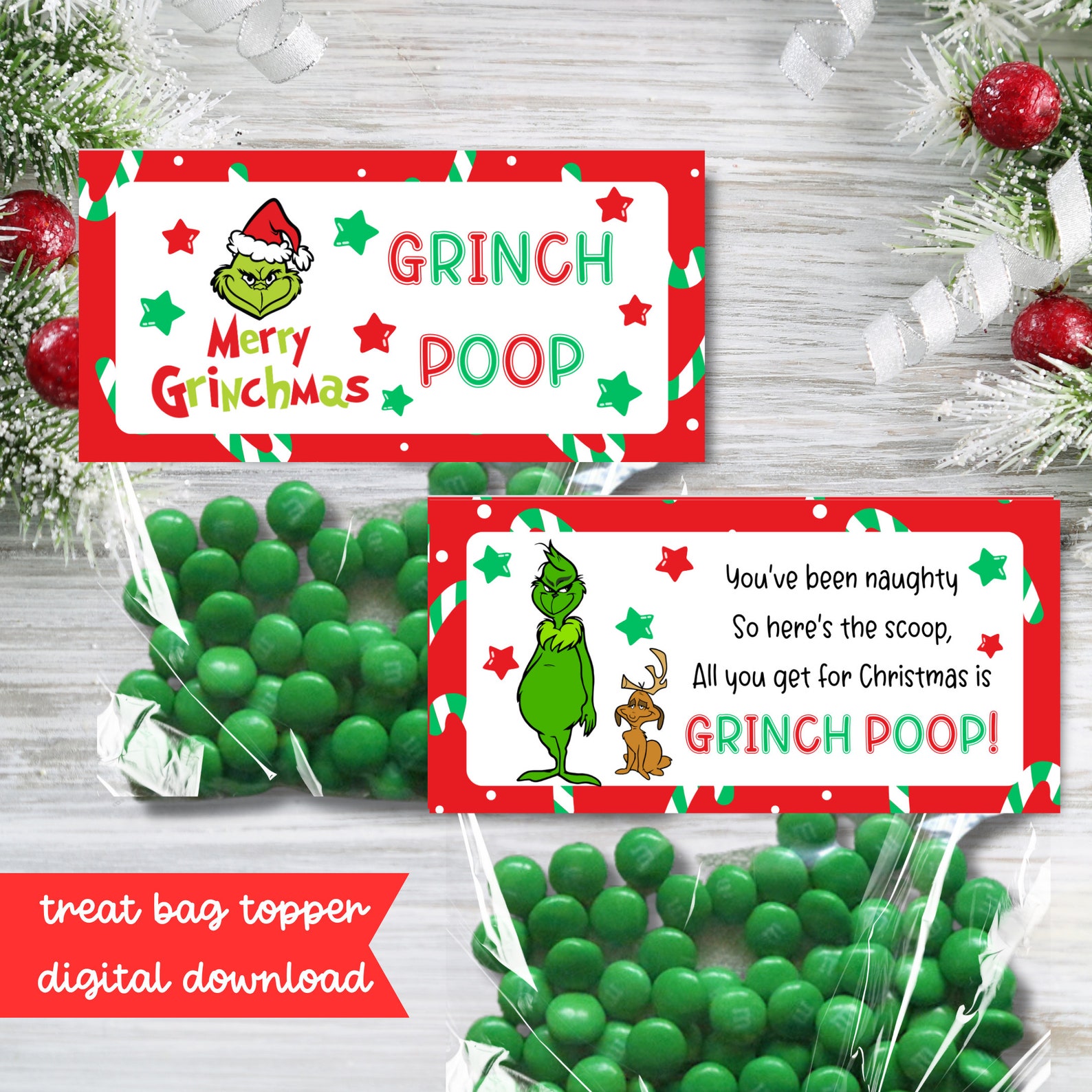 Grinch Poop Printable Treat Bag Topper - Christmas Candy Bag Topper ...