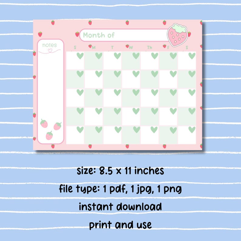 Printable Cute Strawberry Calendar - Undated Blank Calendar - Kawaii ...