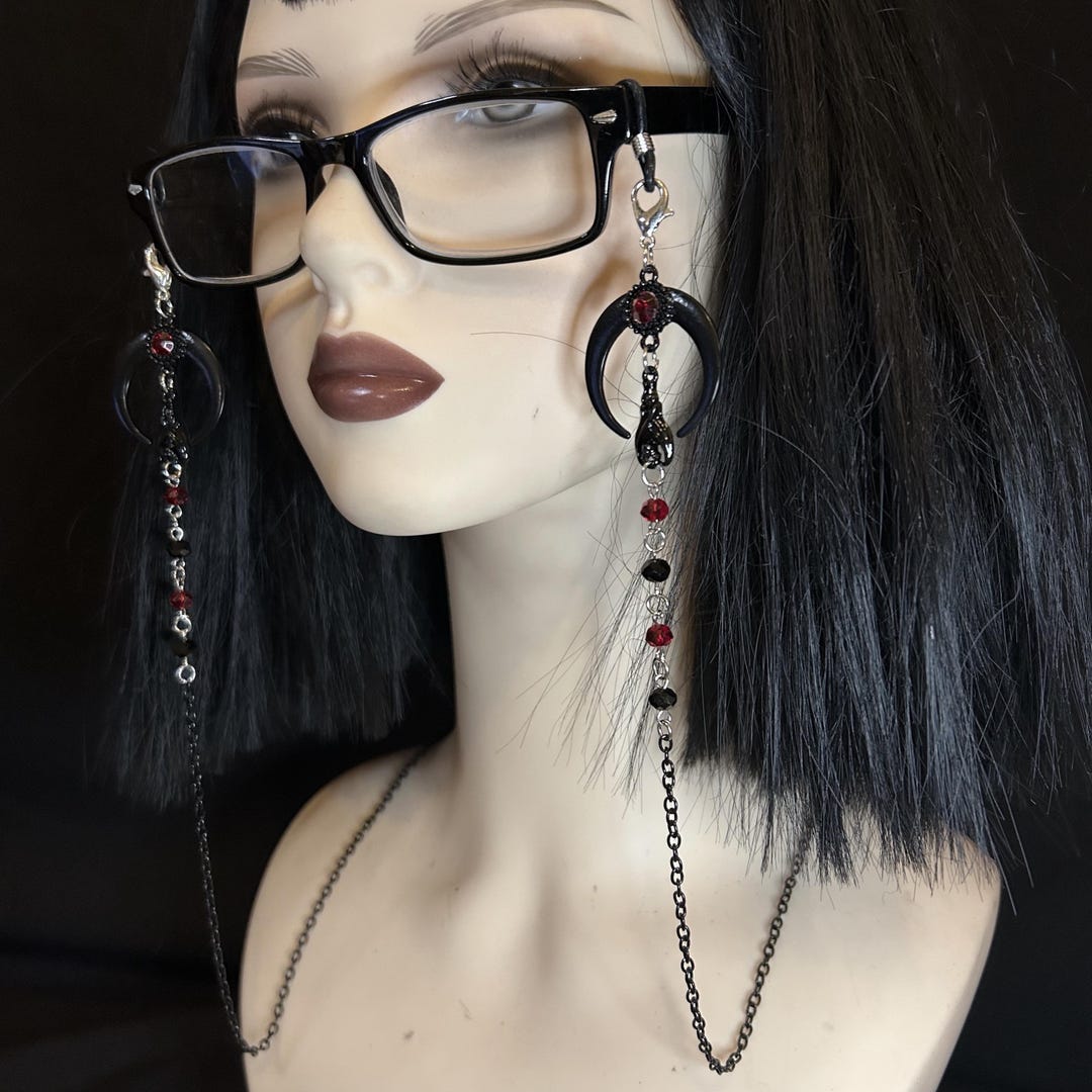 Noctura: Gothic Glasses Chain, Black Moon, Bat Charm, Red Crystals - Etsy