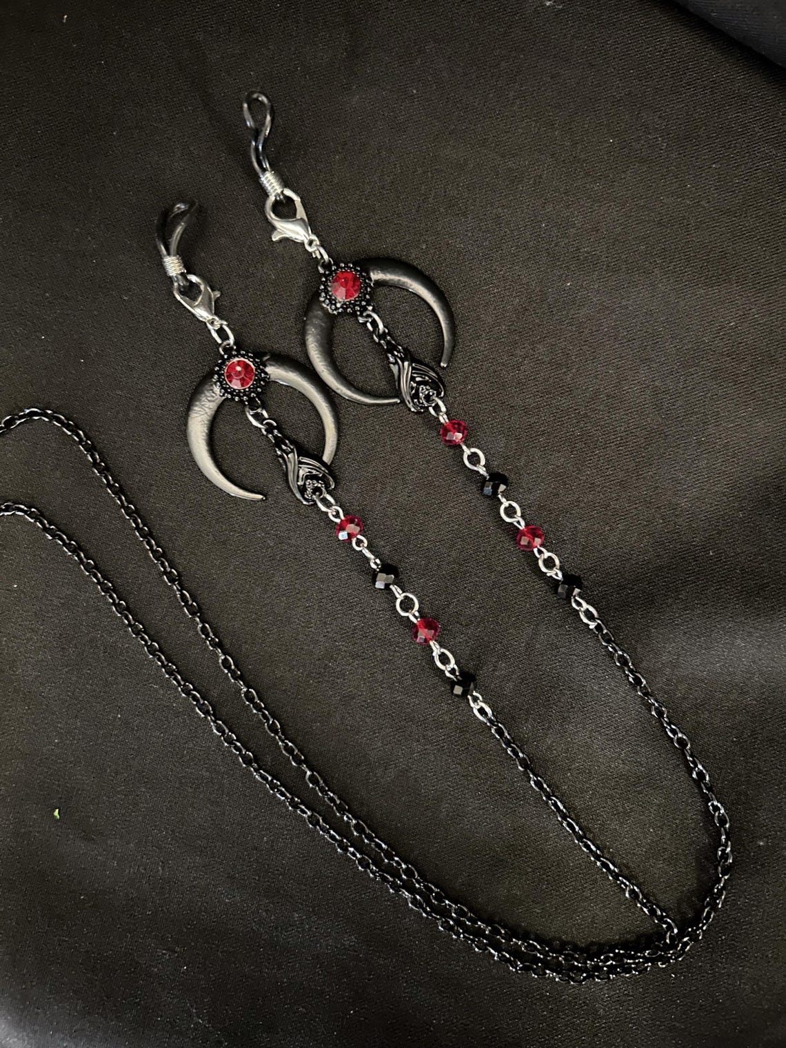 Noctura: Gothic Glasses Chain, Black Moon, Bat Charm, Red Crystals - Etsy