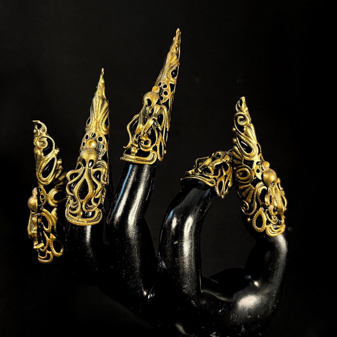 Cthulhu Nail Rings: Golden Octopus Gothic Claws, Cosplay Jewelry (set ...