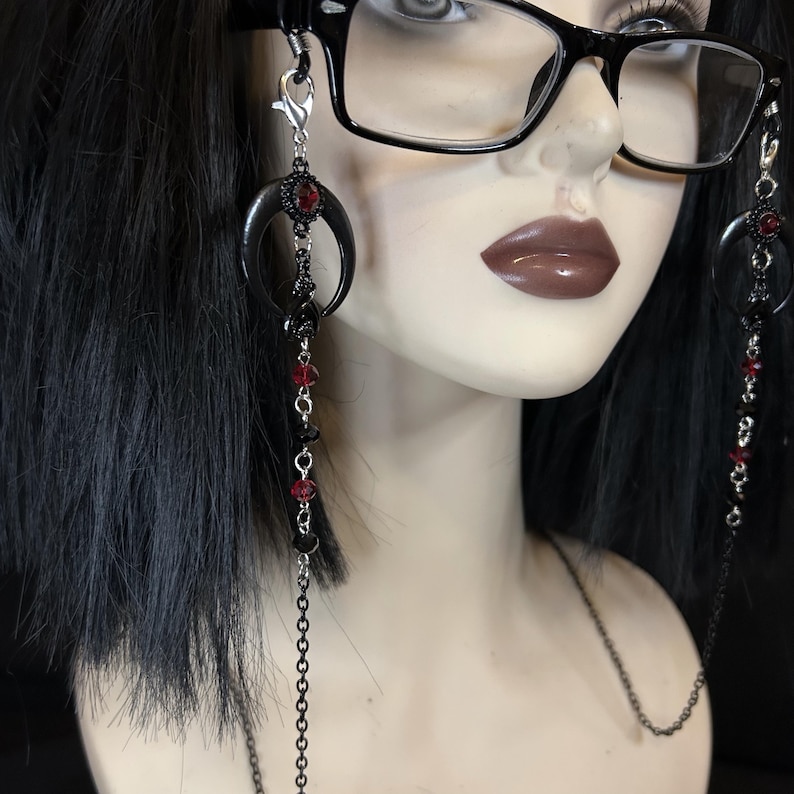 Noctura: Gothic Glasses Chain, Black Moon, Bat Charm, Red Crystals - Etsy