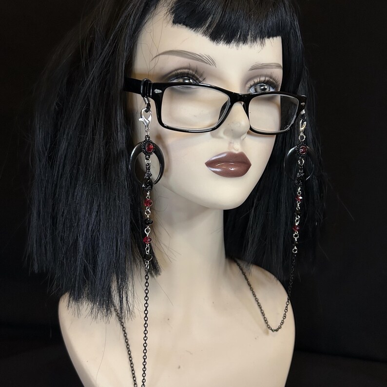 Noctura: Gothic Glasses Chain, Black Moon, Bat Charm, Red Crystals - Etsy