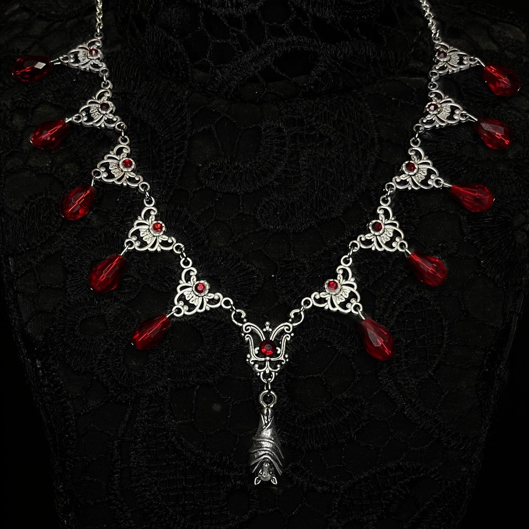 Blood Drop Bat Necklace: Gothic Vampire Pendant, Red Rhinestones - Etsy