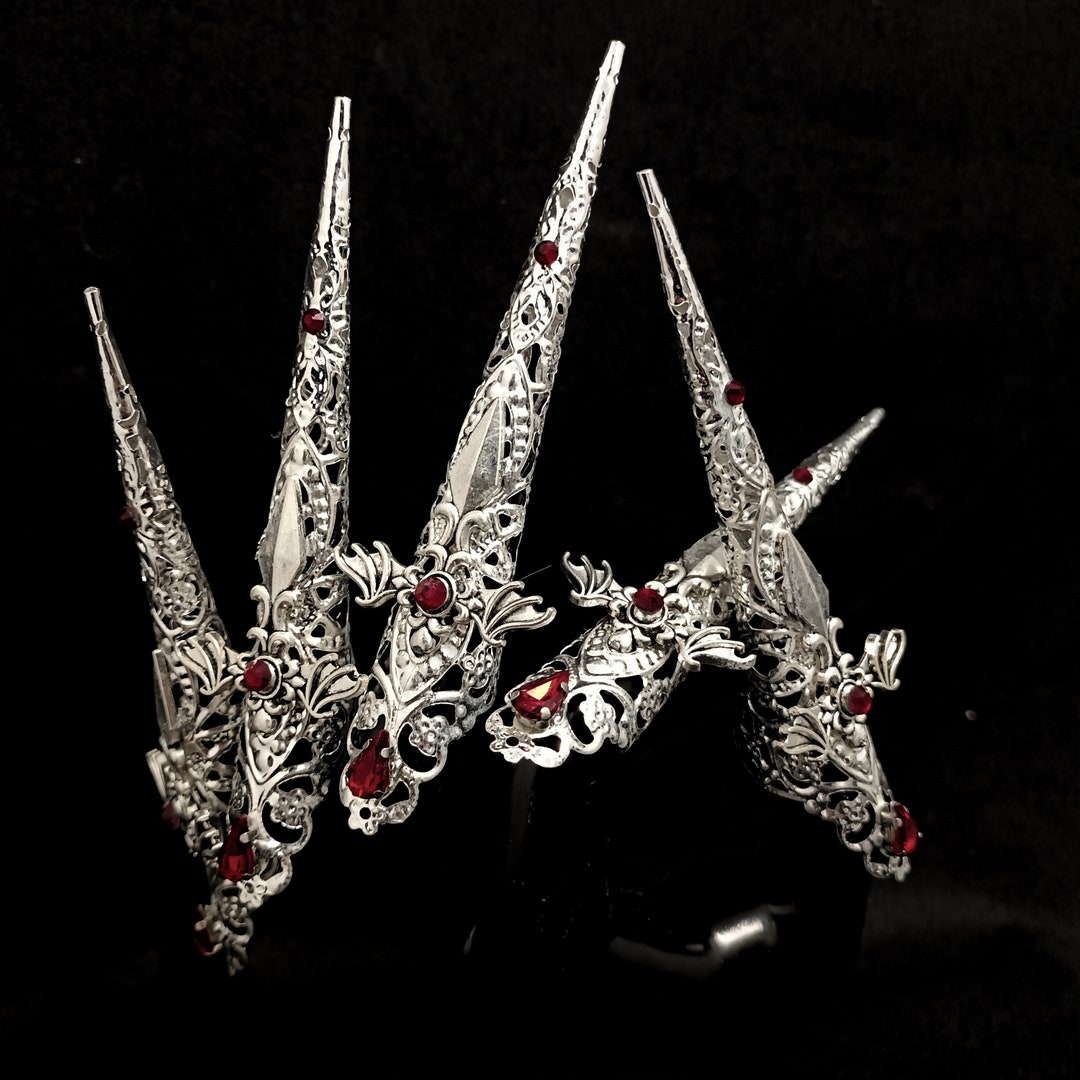 Bloodlust Nail Rings: Gothic Vampire Claws With Red Rhinestones (set of ...