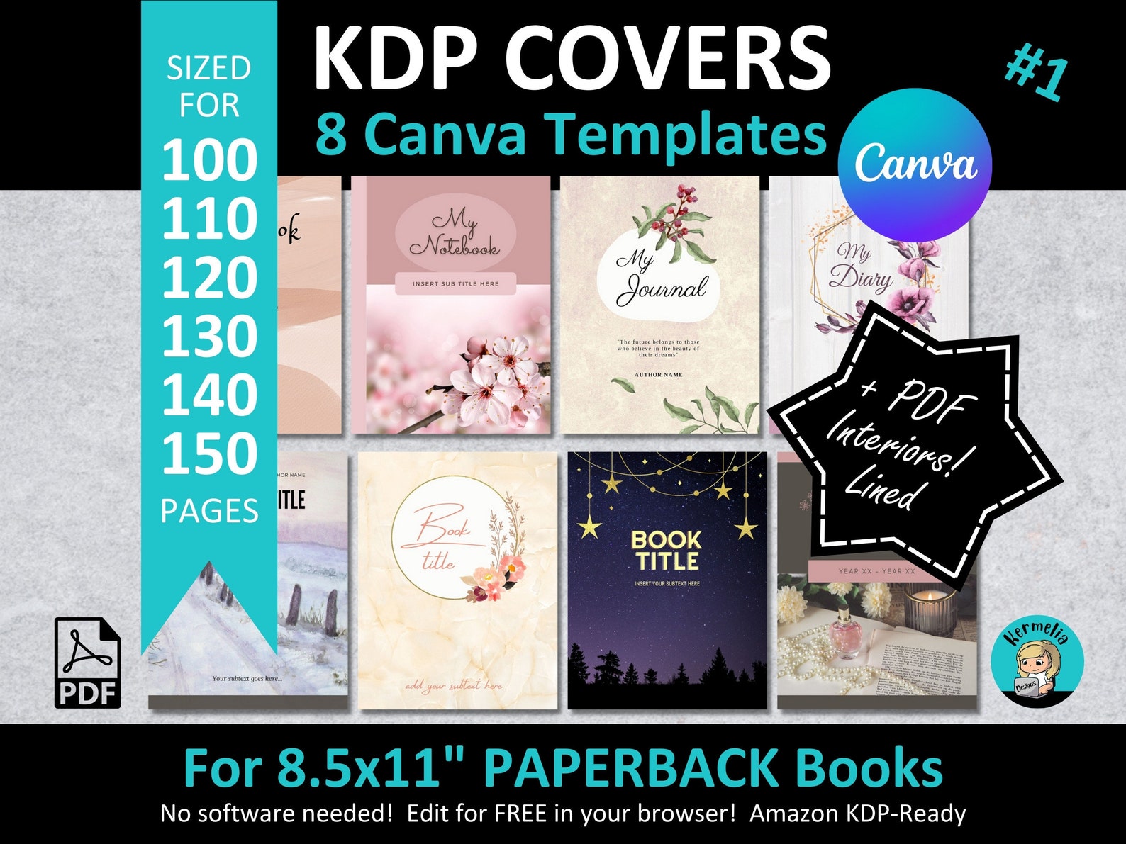 Canva 8.5x11" KDP PAPERBACK Book Cover Templates Editable Bundle Set #1 ...