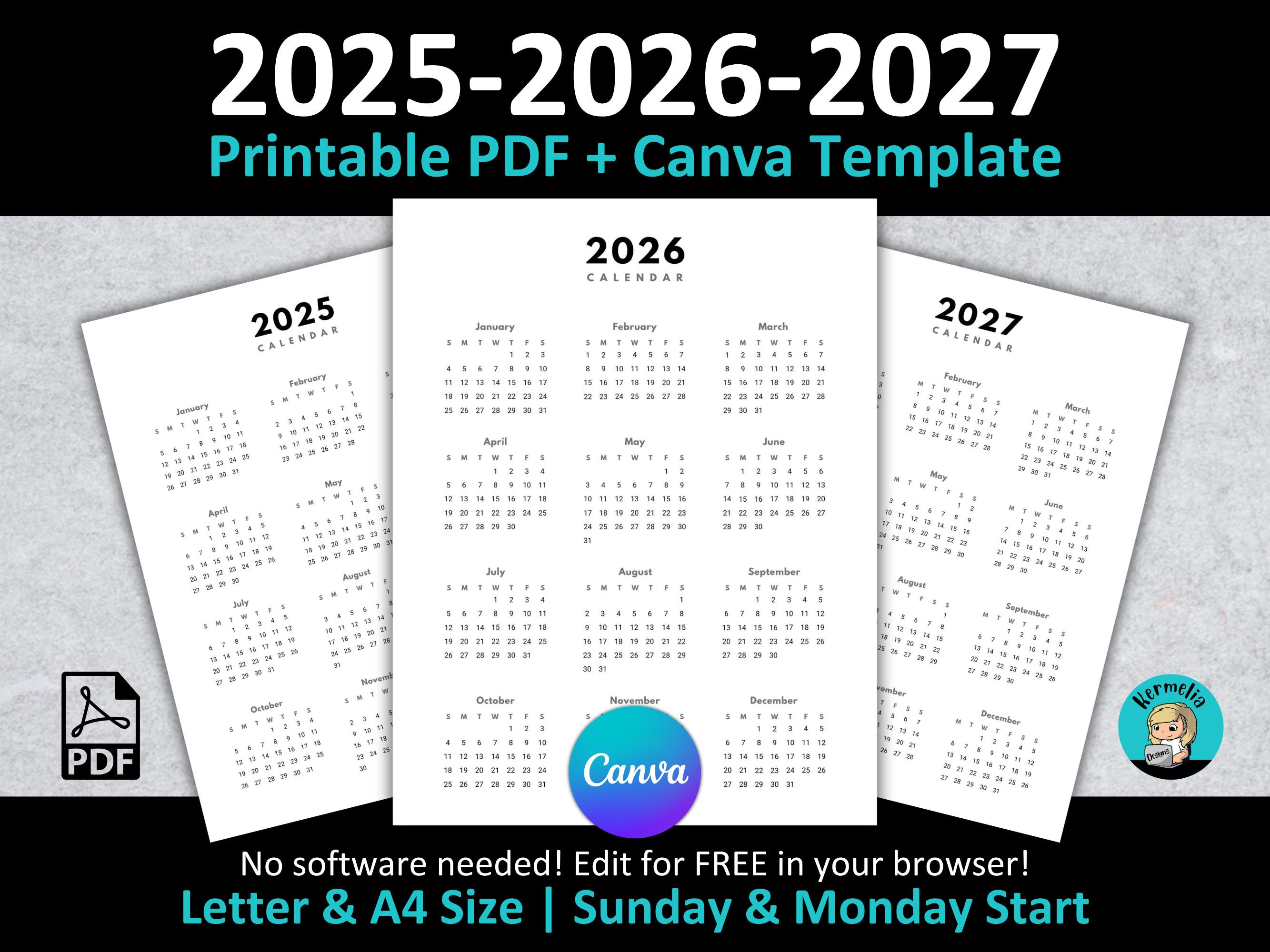 2025 2026 2027 Year to View Calendar | Printable PDF | CANVA Template ...