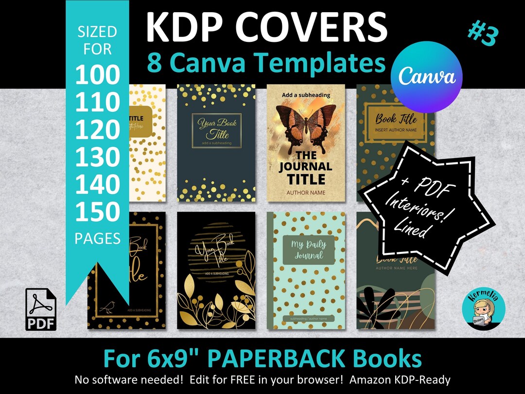Canva 6x9 KDP PAPERBACK Book Cover Templates Editable Set 3 PDF Lined ...