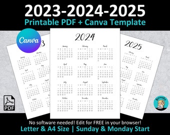 2023 2024 2025 Year to View Calendar Printable PDF CANVA Template ...