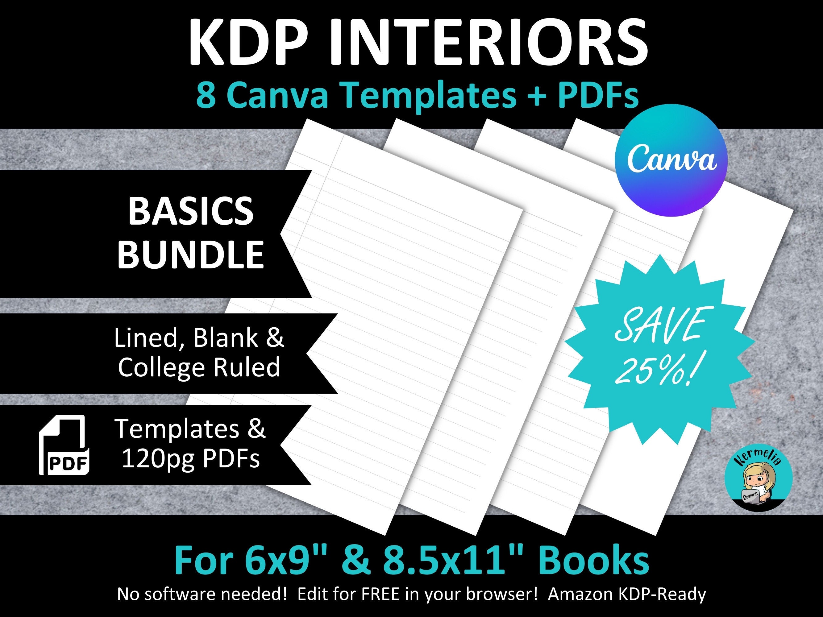 CANVA KDP Basics Bundle 6x9 & 8.5x11 8 Interior Editable Templates 120 ...