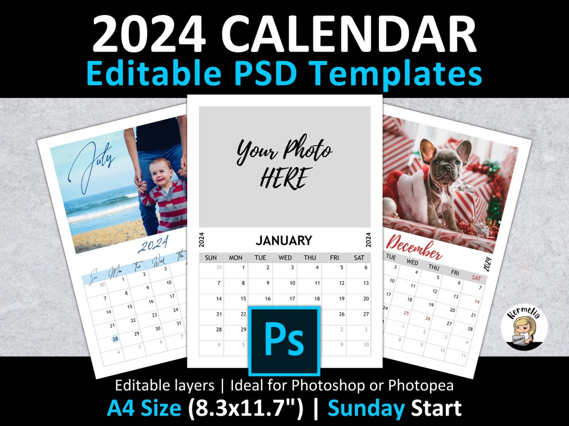 A4 8.3x11.7 2024 CALENDAR PSD Template Sunday Start Editable Layers ...