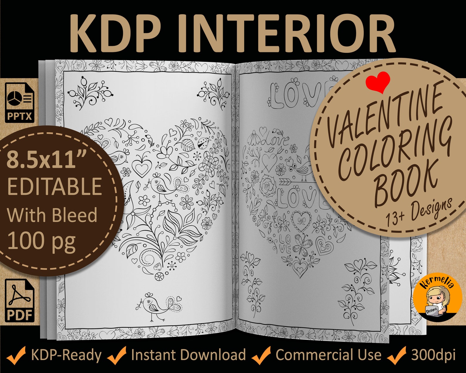 8.5 X 11 VALENTINE Coloring Book Interior Editable | Etsy