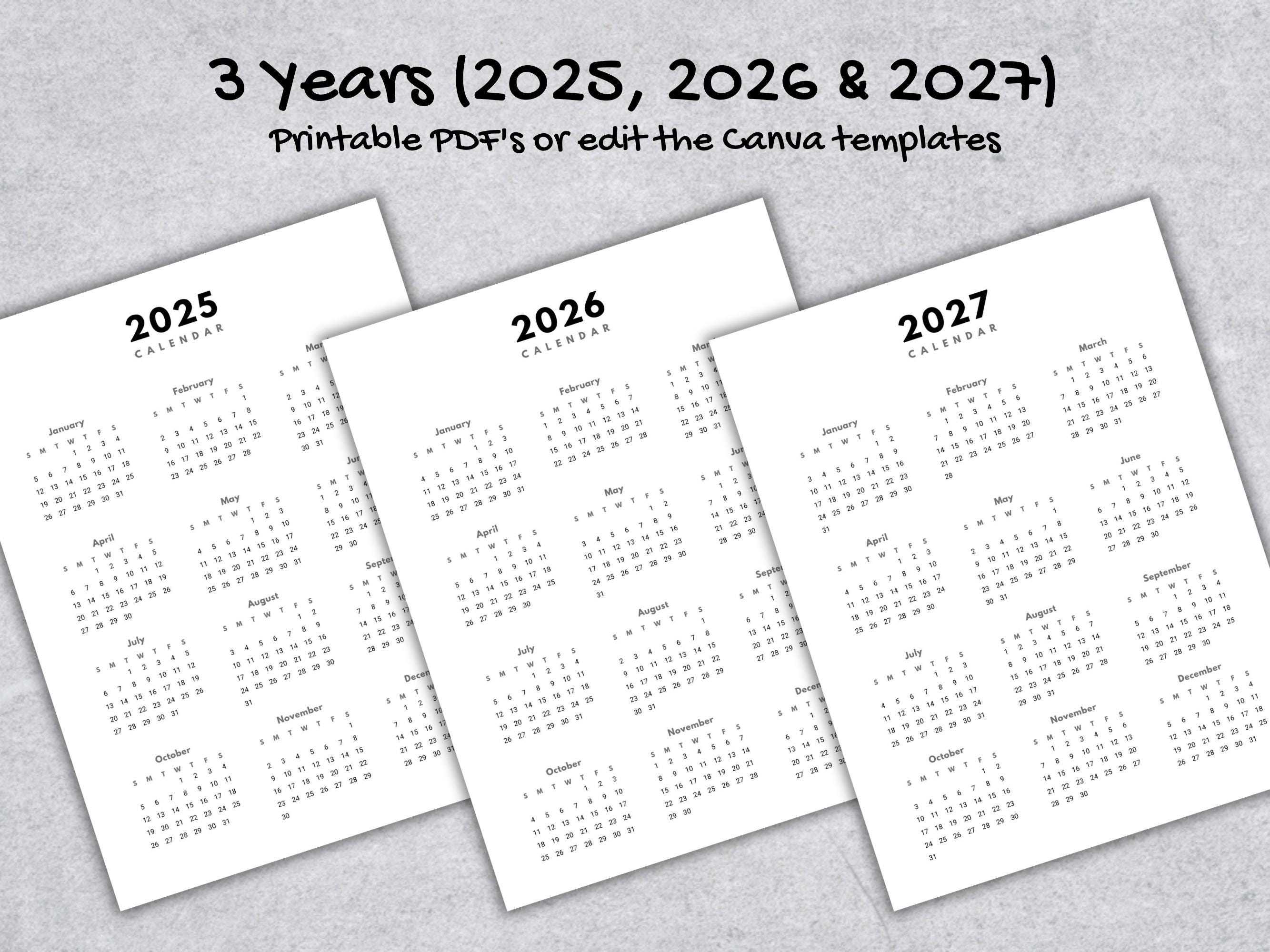 2025 2026 2027 Year to View Calendar | Printable PDF | CANVA Template ...