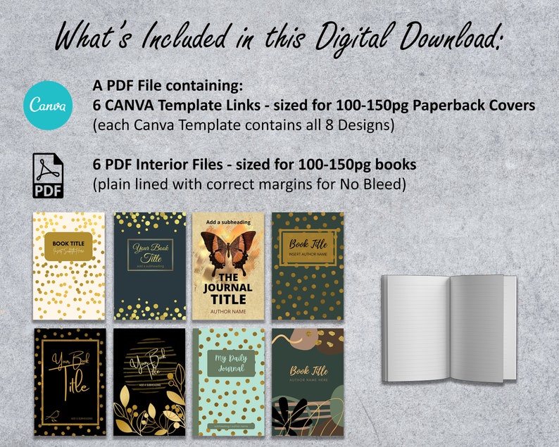 Canva 6x9 KDP PAPERBACK Book Cover Templates Editable Set 3 PDF Lined ...